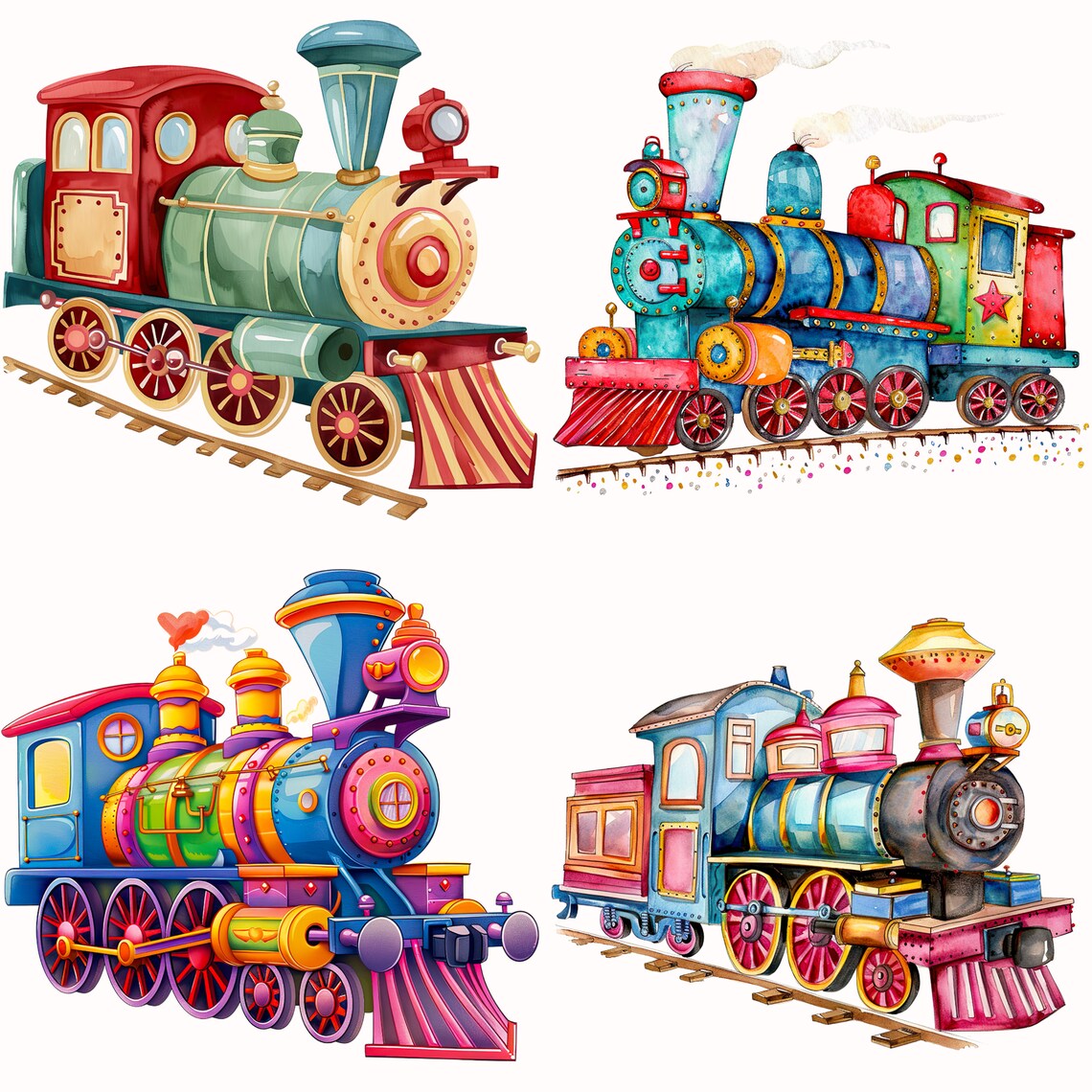 Whimsical Train Clip Art, Watercolor Quirky Locomotive Illustration PNG ...