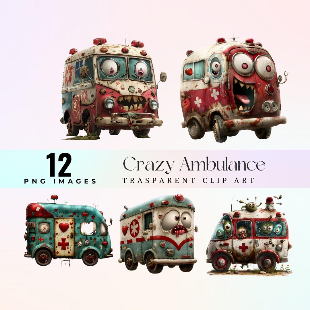 Whimsical Ambulance Clip Art, Funny Kawaii First Aid Illustration PNG ...
