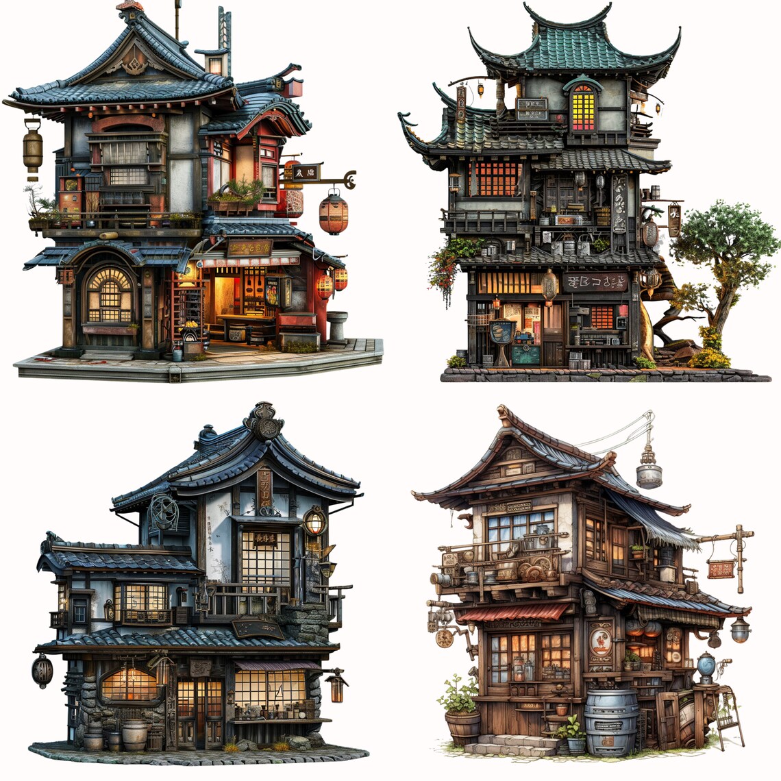 Old Japanese Shops Clip Art, Watercolor Vintage Japan Storefronts ...