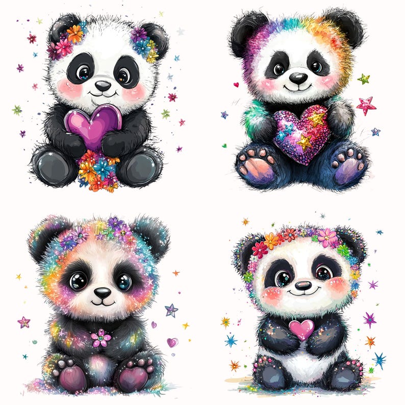 Cute Panda Clipart, Cartoon Animal With Flowers, Kawaii Stickers (PNG) - Etsy