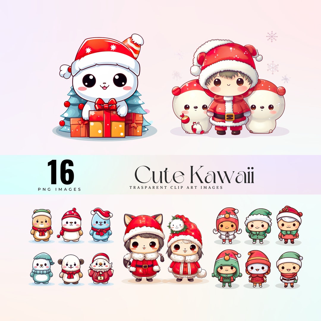 Adorable Christmas Kawaii Clip Art, Watercolor Japanese Kawaii PNG ...