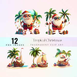 Cute Tropical Christmas Clip Art, Watercolor Funny Sailing Santa ...