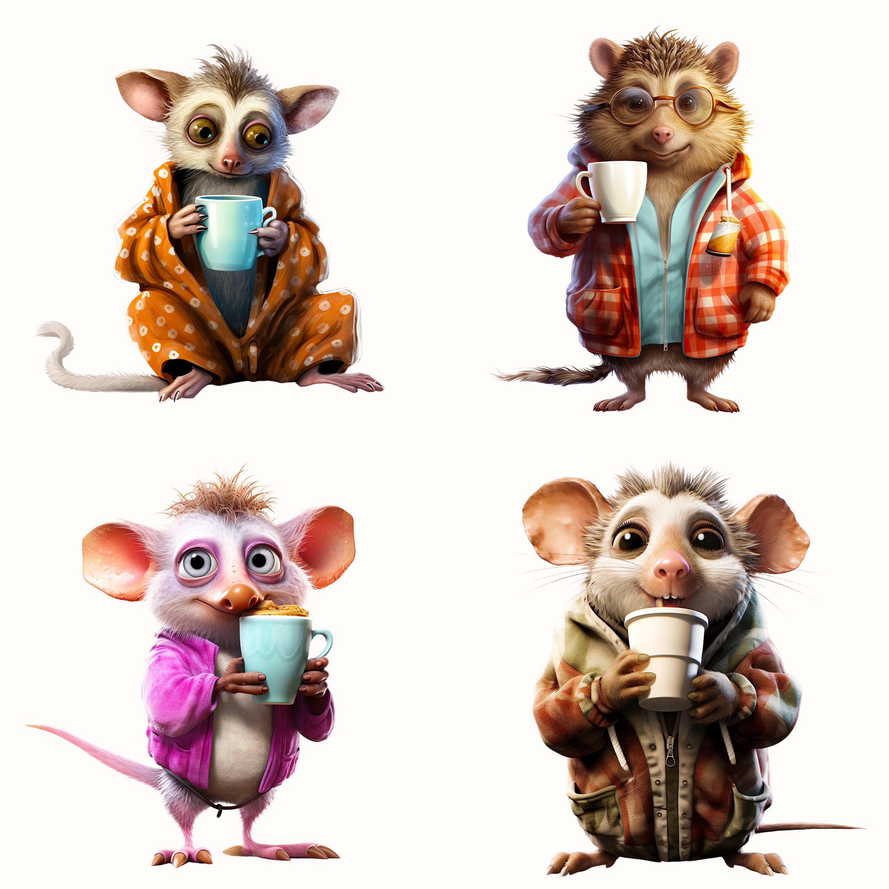 Funny Critters in Pajamas Clip Art, Watercolor Quirky Animals in Sweet ...