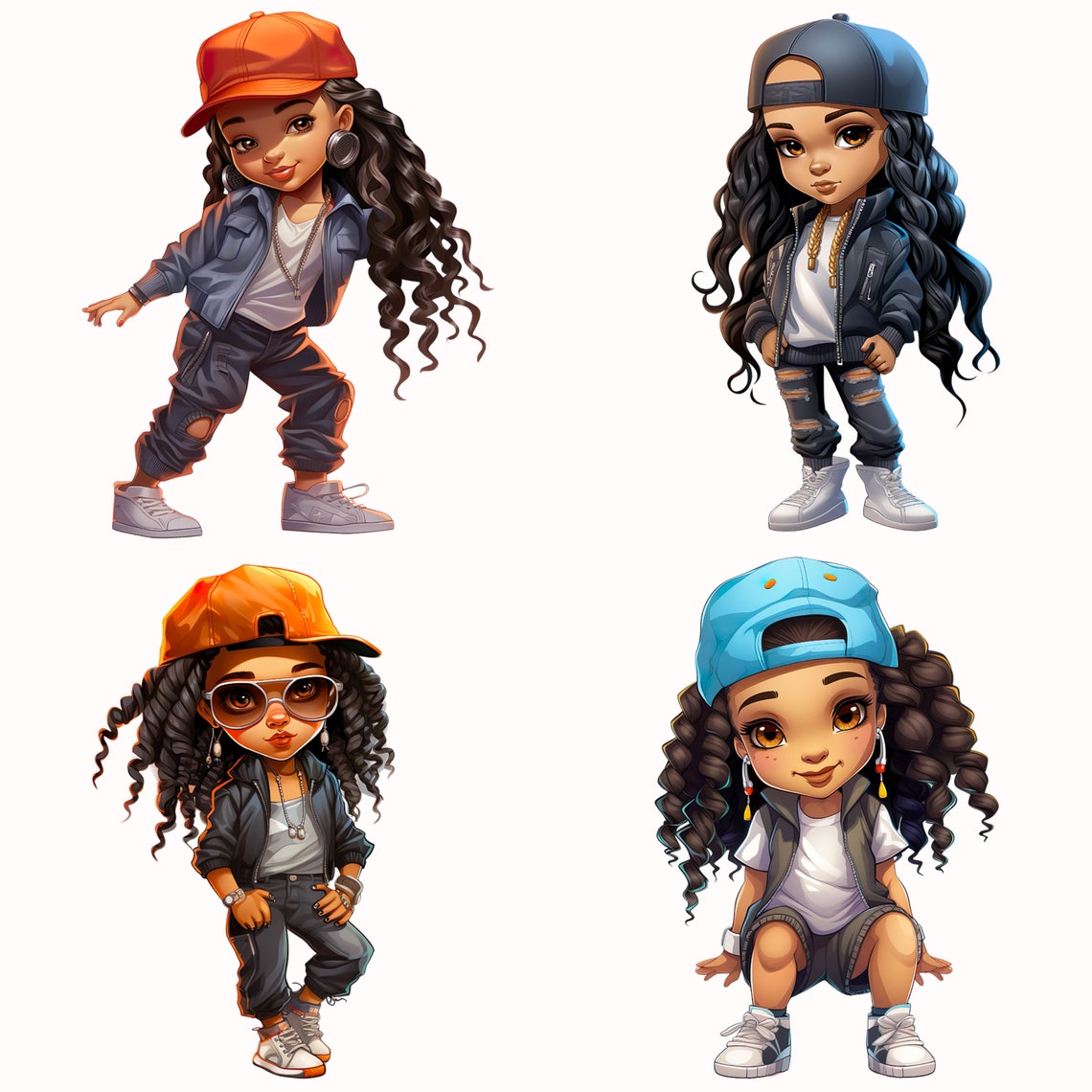 Playful Chibi Hip-hop Girl Clip Art, Watercolor Joyful Rap Girl ...