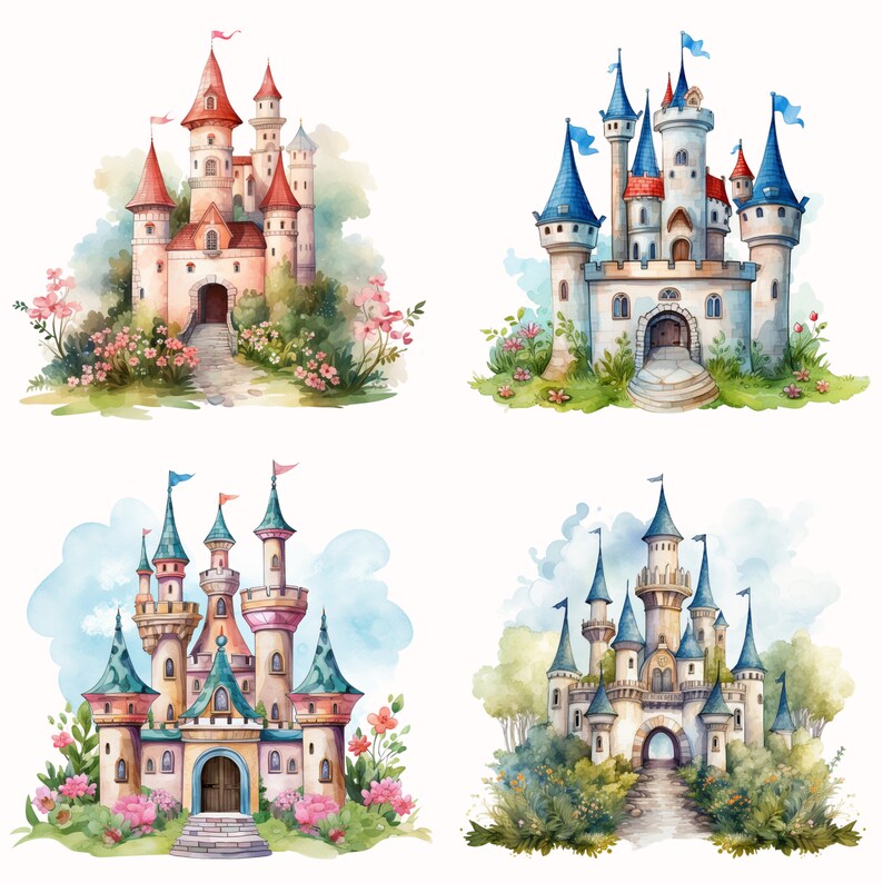 Cute Fairytale Castle Clip Art, Watercolor Magic Fairy Castle ...