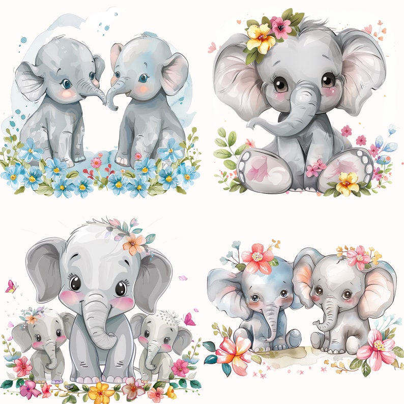 Adorable Baby Elephant Clip Art, Watercolor Lovely Elephants and ...