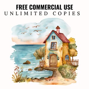 Whimsical Cottage by the Sea Clip Art, Watercolor Cute Coastal Hideaway ...