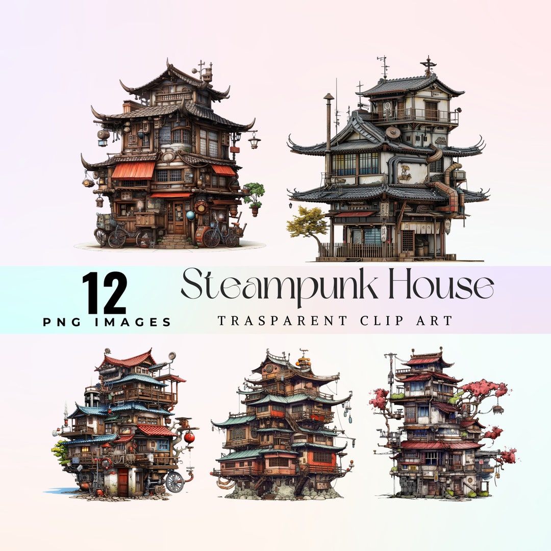 Japanese Steampunk House Clip Art, Watercolor Vintage Japan House ...