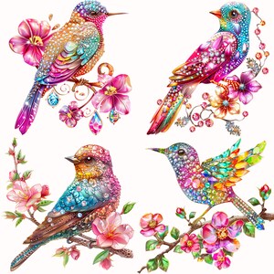 Cute Gemstones Bird Clip Art, Watercolor Shiny Tiny Bird and Flowers ...