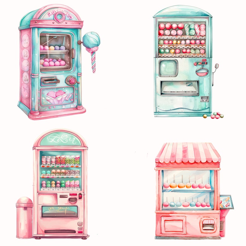Cute Candy Machine Clip Art, Watercolor Pastel Sweet Snack Illustration ...