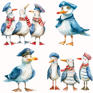 Watercolor Sailor Seagulls Clip Art: Nautical PNG Illustration (digital ...