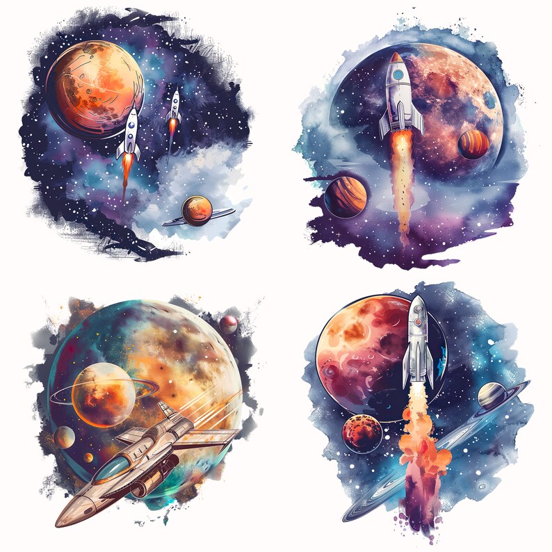 Cute Space Ship Clip Art, Watercolor Planet Journey Illustrations PNG ...