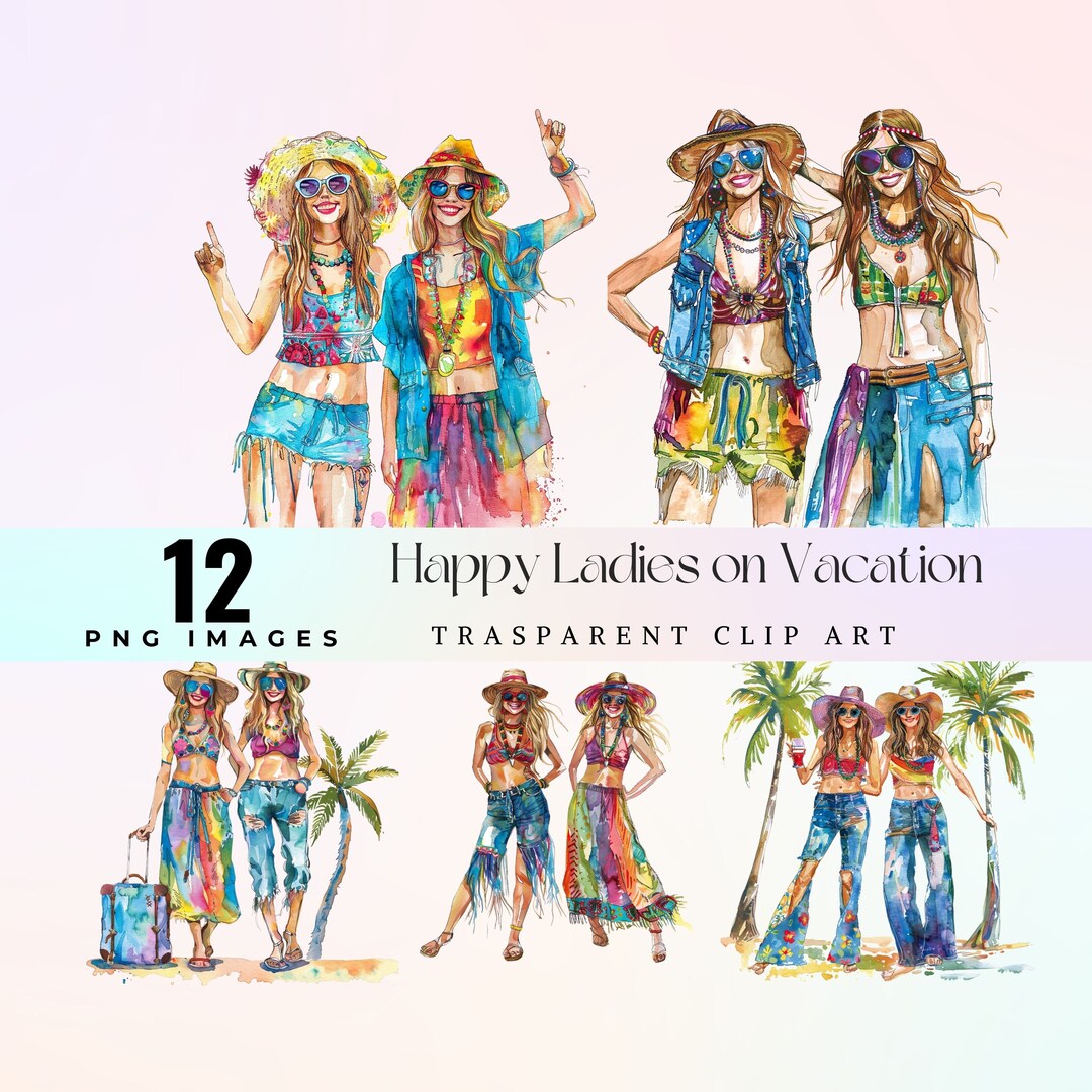 Cute Hippy Ladies Vacation Clip Art, Watercolor Adorable Travel Boho ...