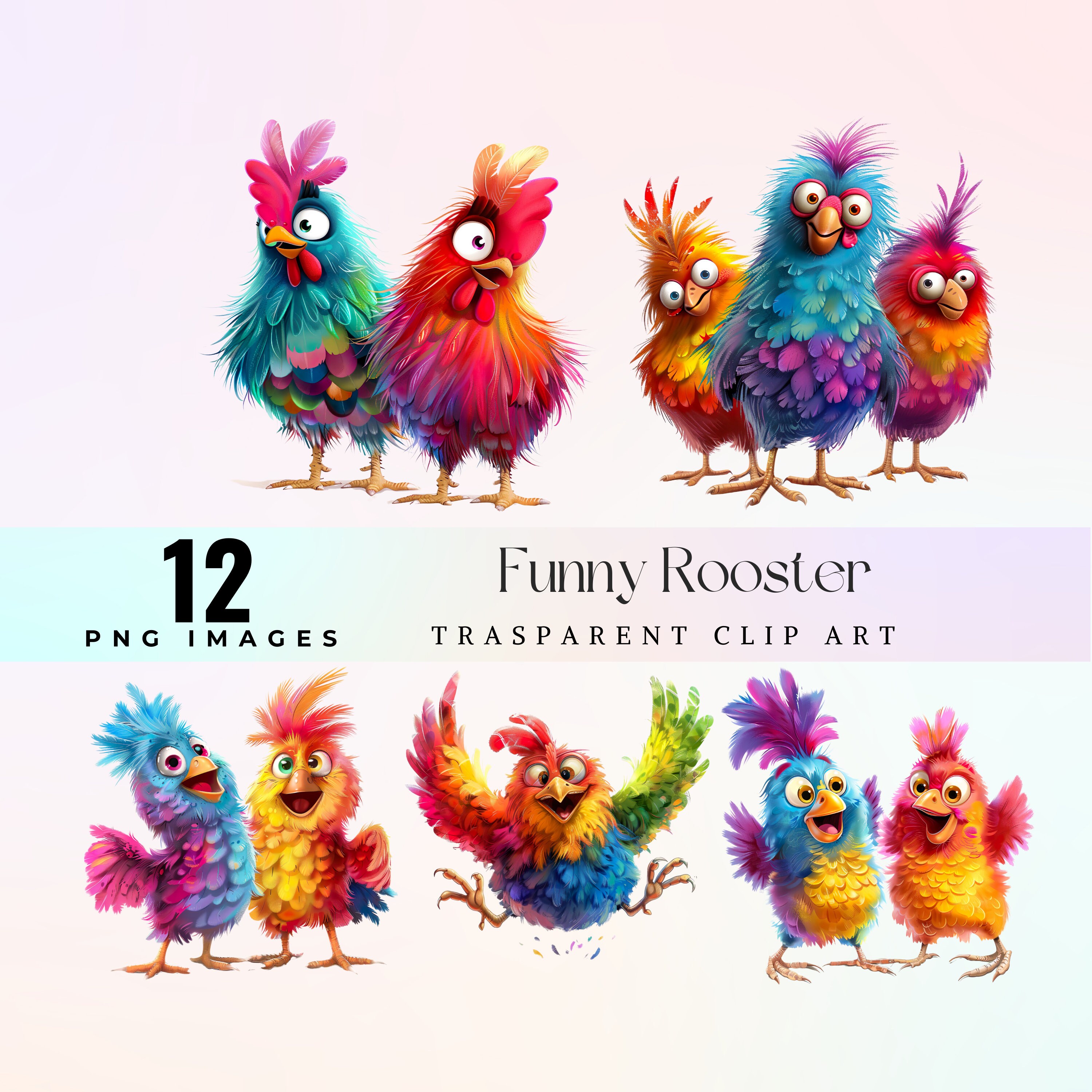 Funny Roosters Clip Art, Watercolor Hilarious Cocks Illustration PNG, Eccentric Cartoon Roosting ...