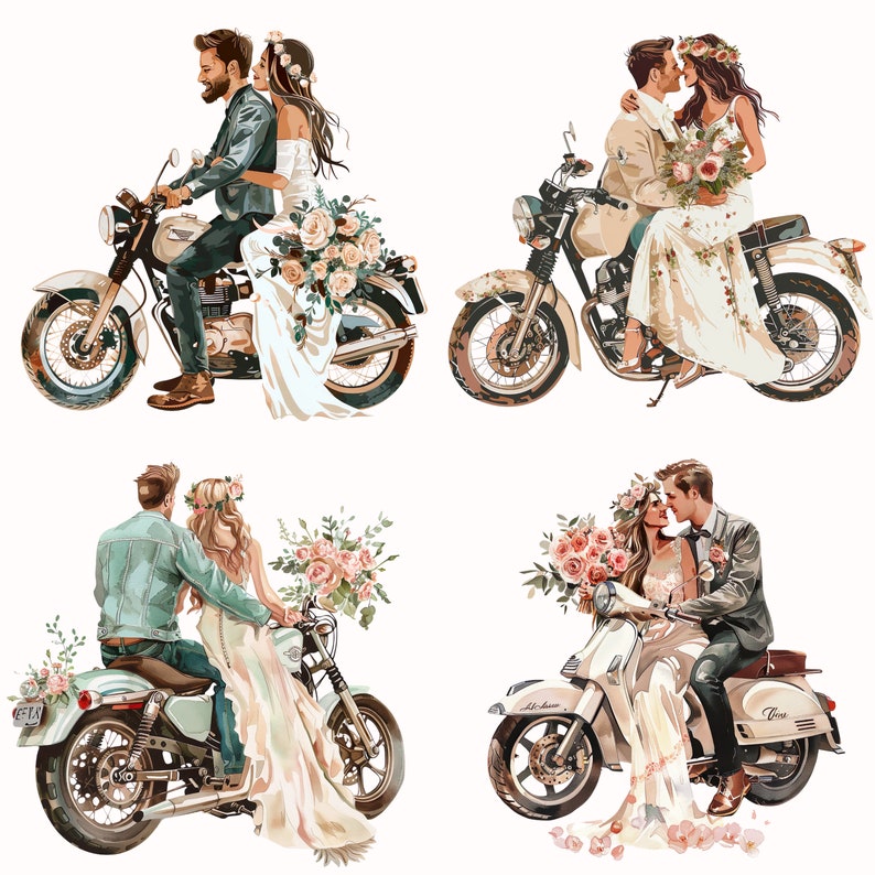 Lovely Wedding Motorcycle Clip Art, Watercolor Romantic Just Married ...