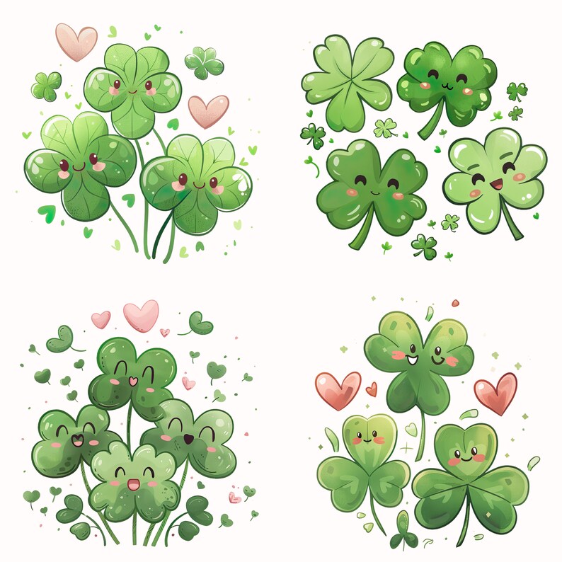 Cute Kawaii Clovers Clip Art, Watercolor Sweet Shamrocks Illustration ...