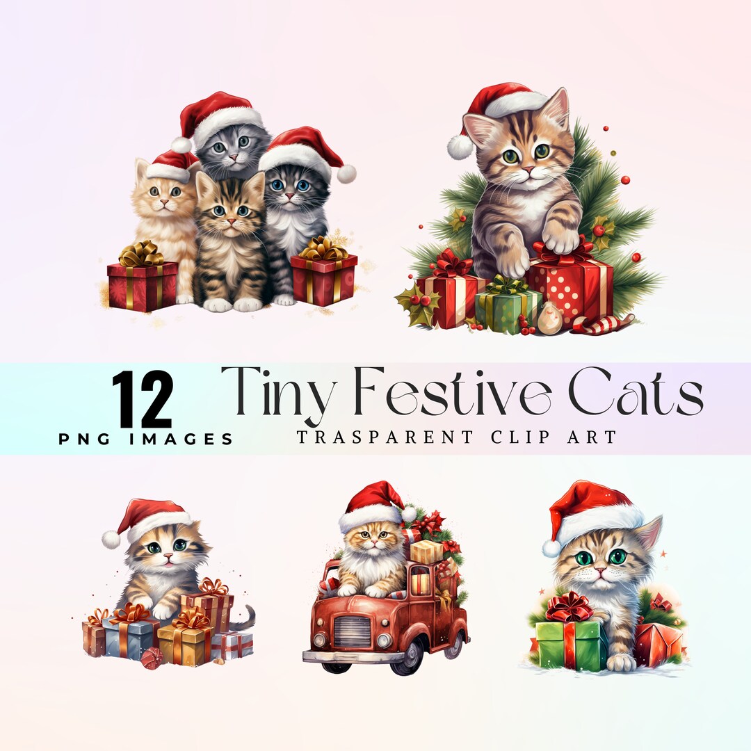 Tiny Festive Cats Clip Art, Small Claus Kitties Illustration PNG, Cute ...