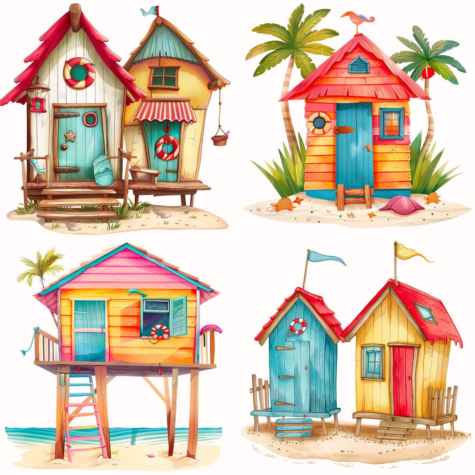 Whimsical Beach Hut Clip Art: Watercolor Coastal Cabin (PNG Digital ...