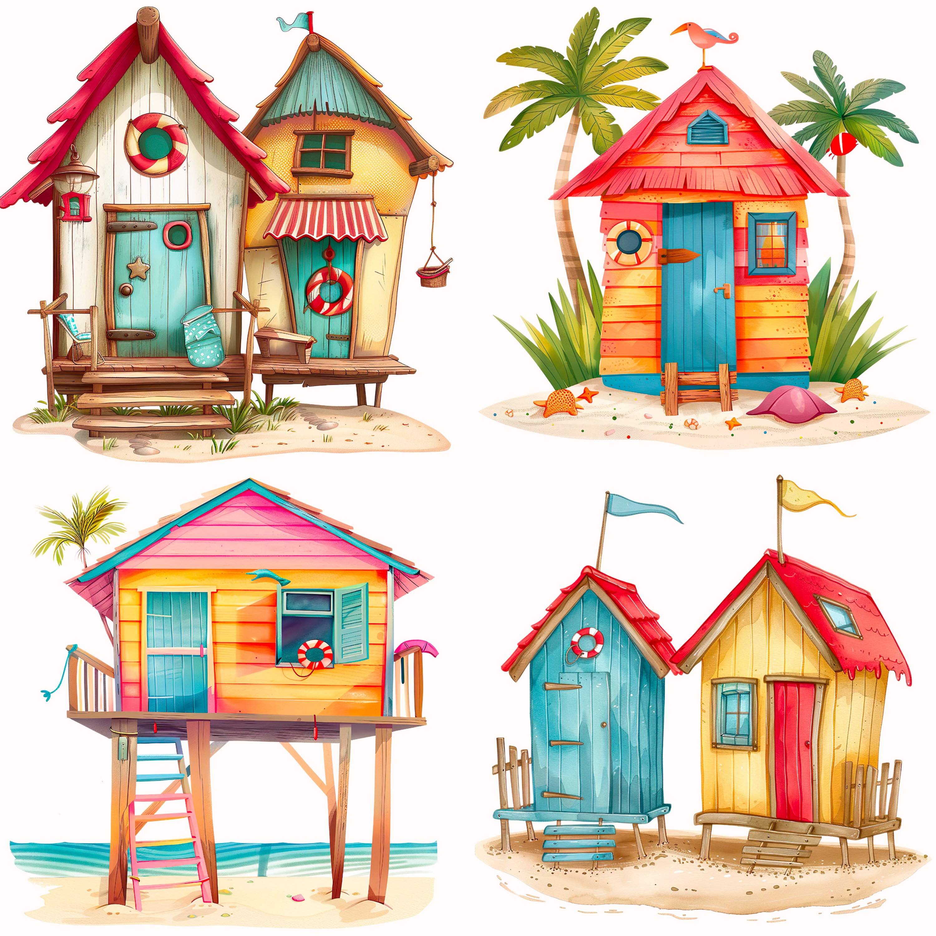 Whimsical Beach Hut Clip Art, Watercolor Quirky Beach Shack ...