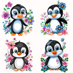 Adorable Spring Penguins Clip Art, Watercolor Sweet Penguins and ...
