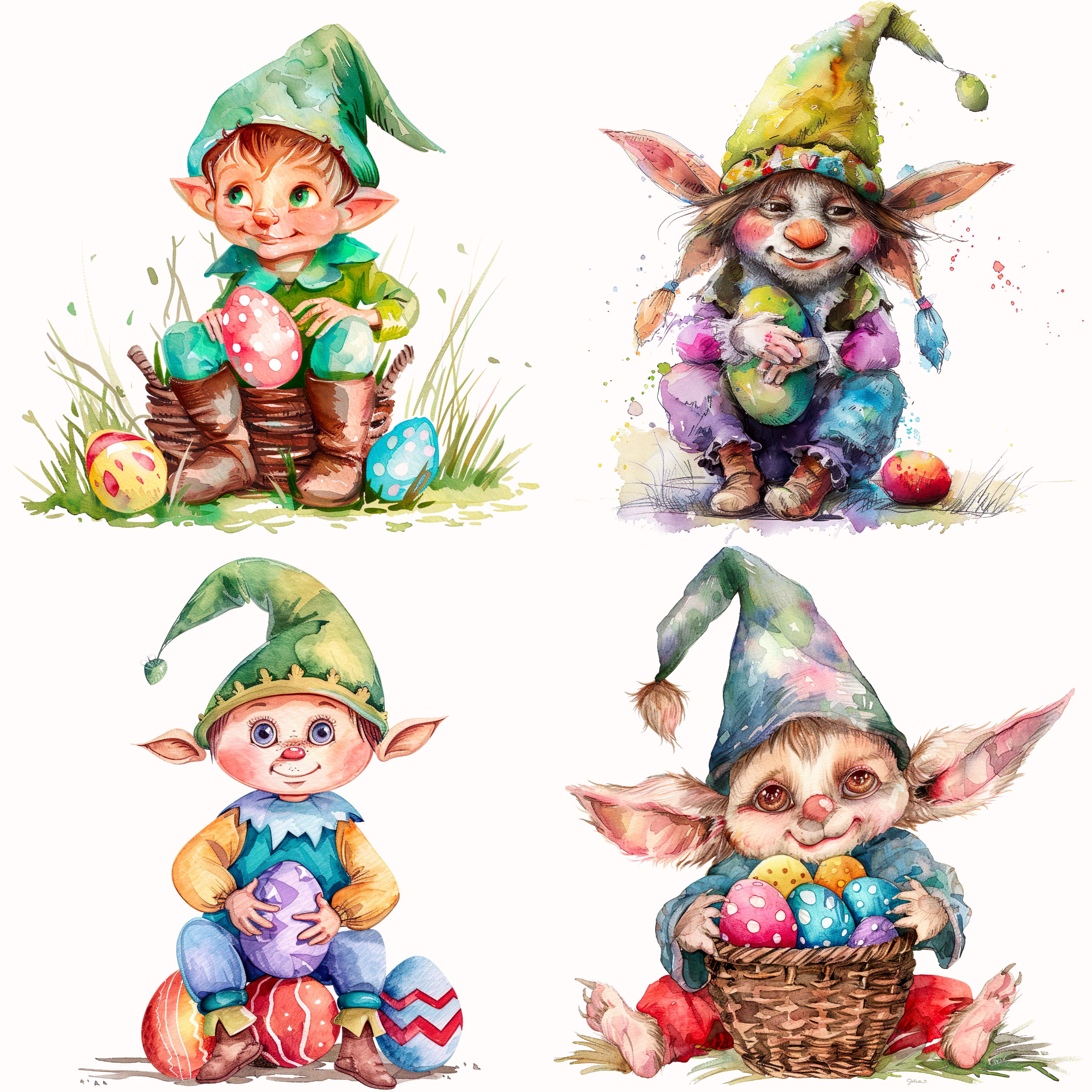 Cute Easter Elf Clip Art, Watercolor Funny Bunny Elf Illustration PNG ...