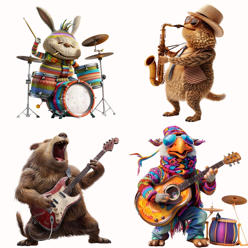 Whimsical Musical Animal Clip Art, Watercolor Happy Drum Guitar ...