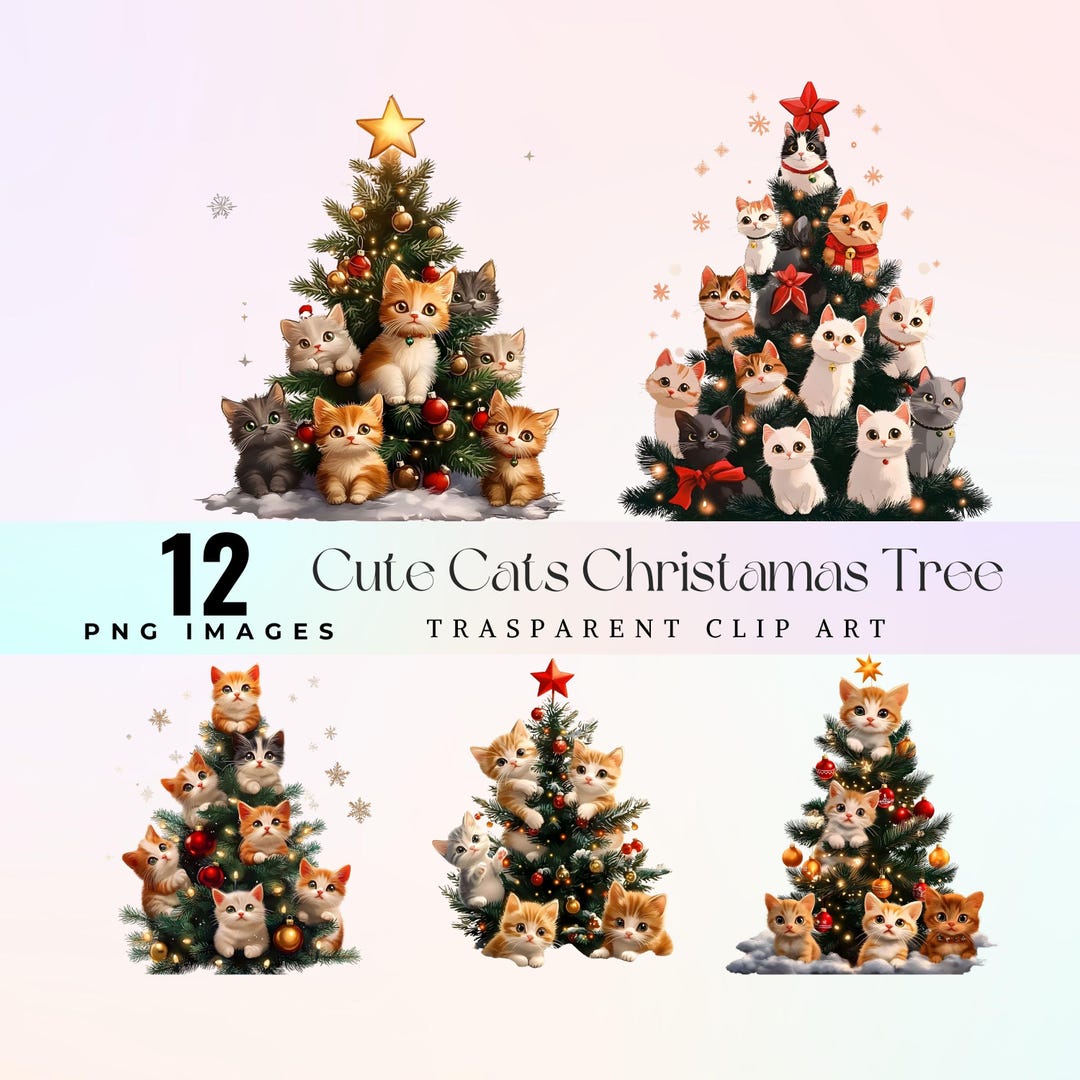 Whimsical Christmas Cat Tree Clip Art, Watercolor Colorful Festive ...