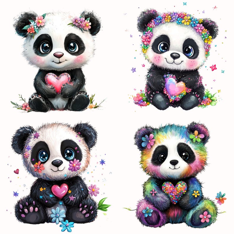Cute Panda Clipart, Cartoon Animal With Flowers, Kawaii Stickers (PNG) - Etsy