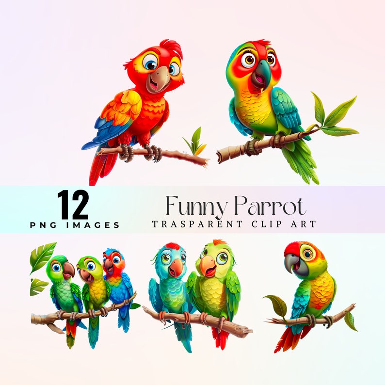 Funny Parrot Clip Art: Watercolor Cartoon PNG (300 DPI) - Etsy