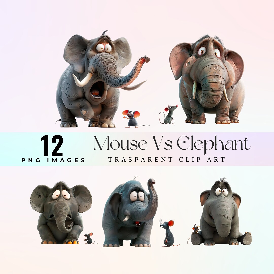 Funny Scared Elephant Vs Mouse Clip Art, Watercolor Puffy Elephant ...
