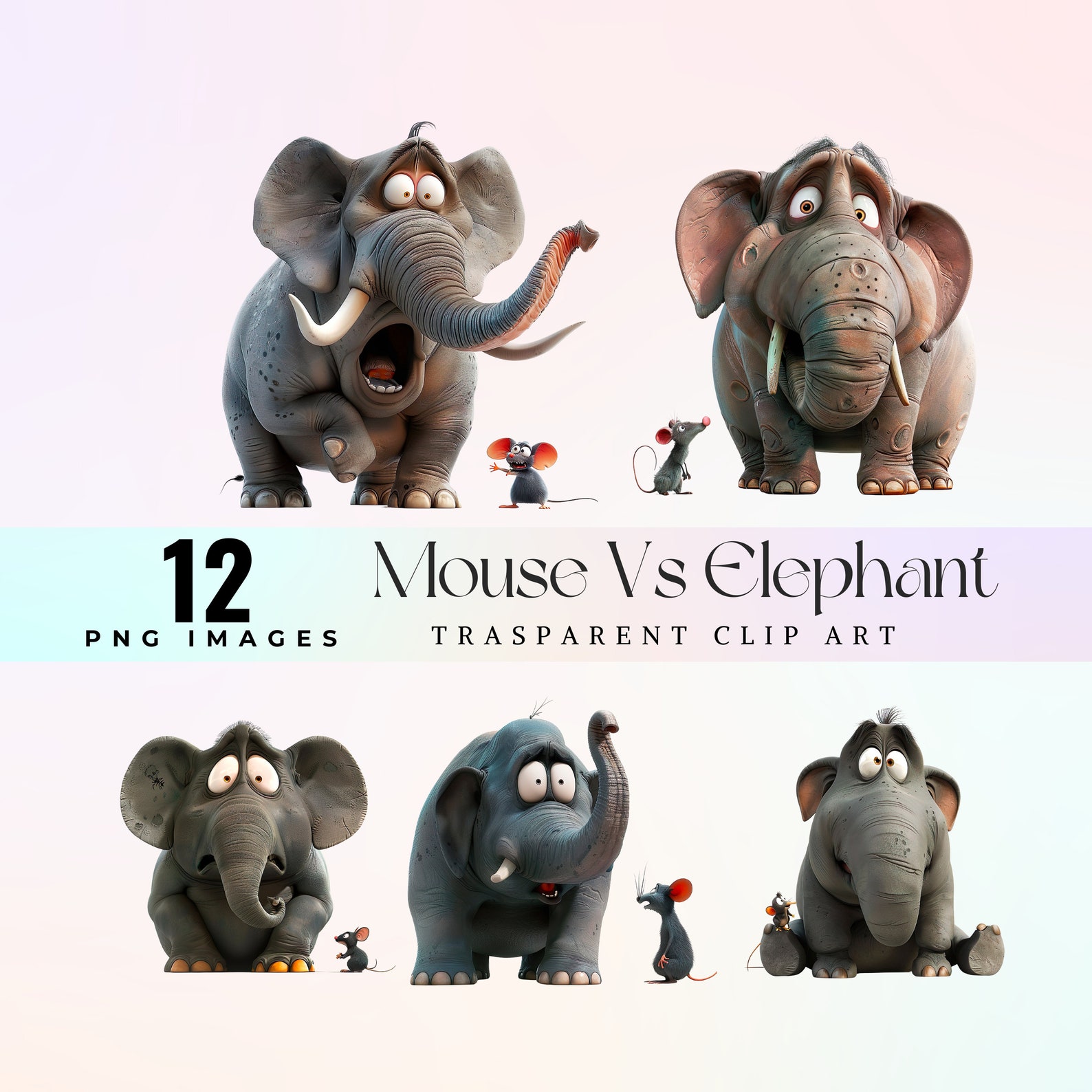 Funny Scared Elephant Vs Mouse Clip Art, Watercolor Puffy Elephant ...