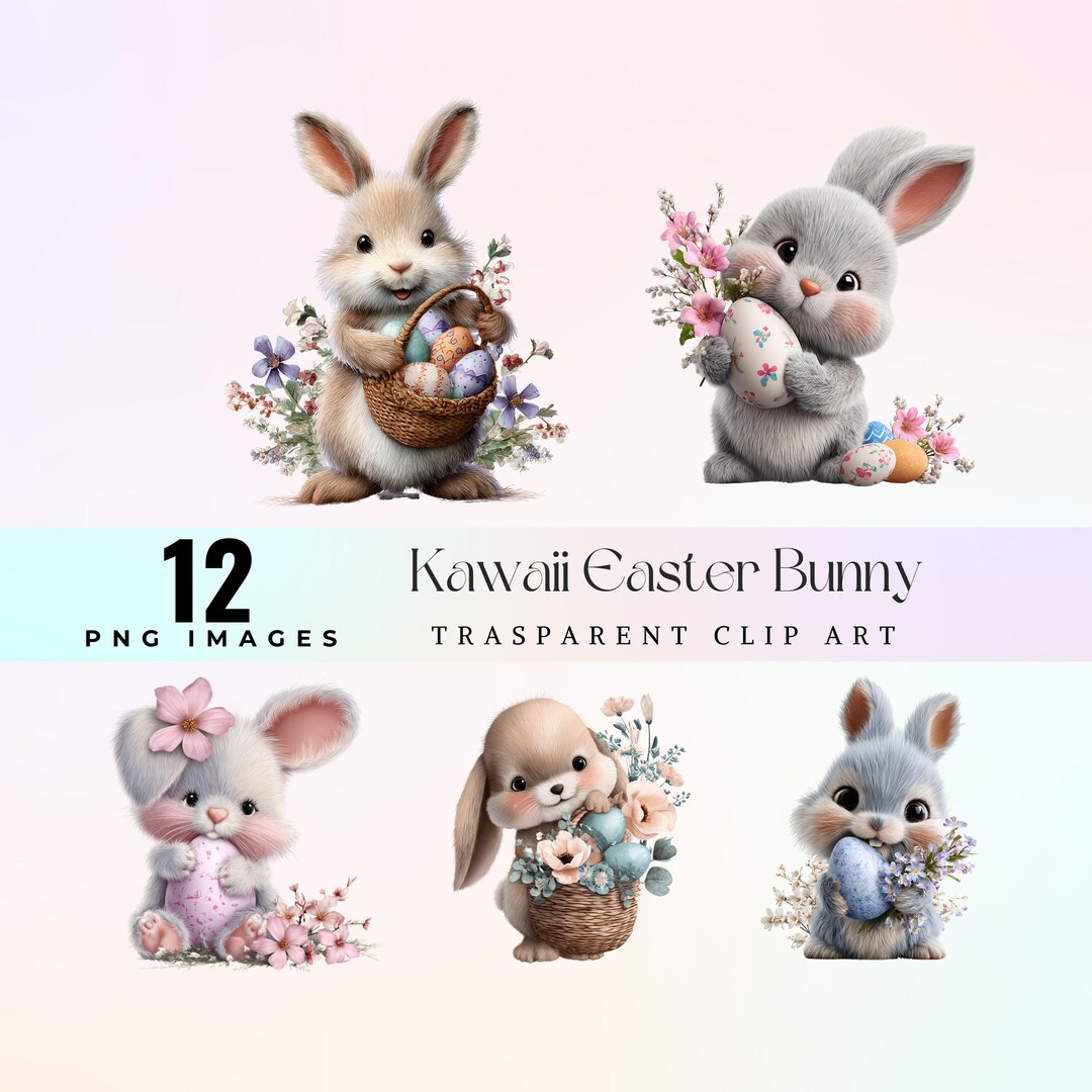 Kawaii Easter Bunny Clipart With Eggs and Flowers, Spring Rabbit PNG ...