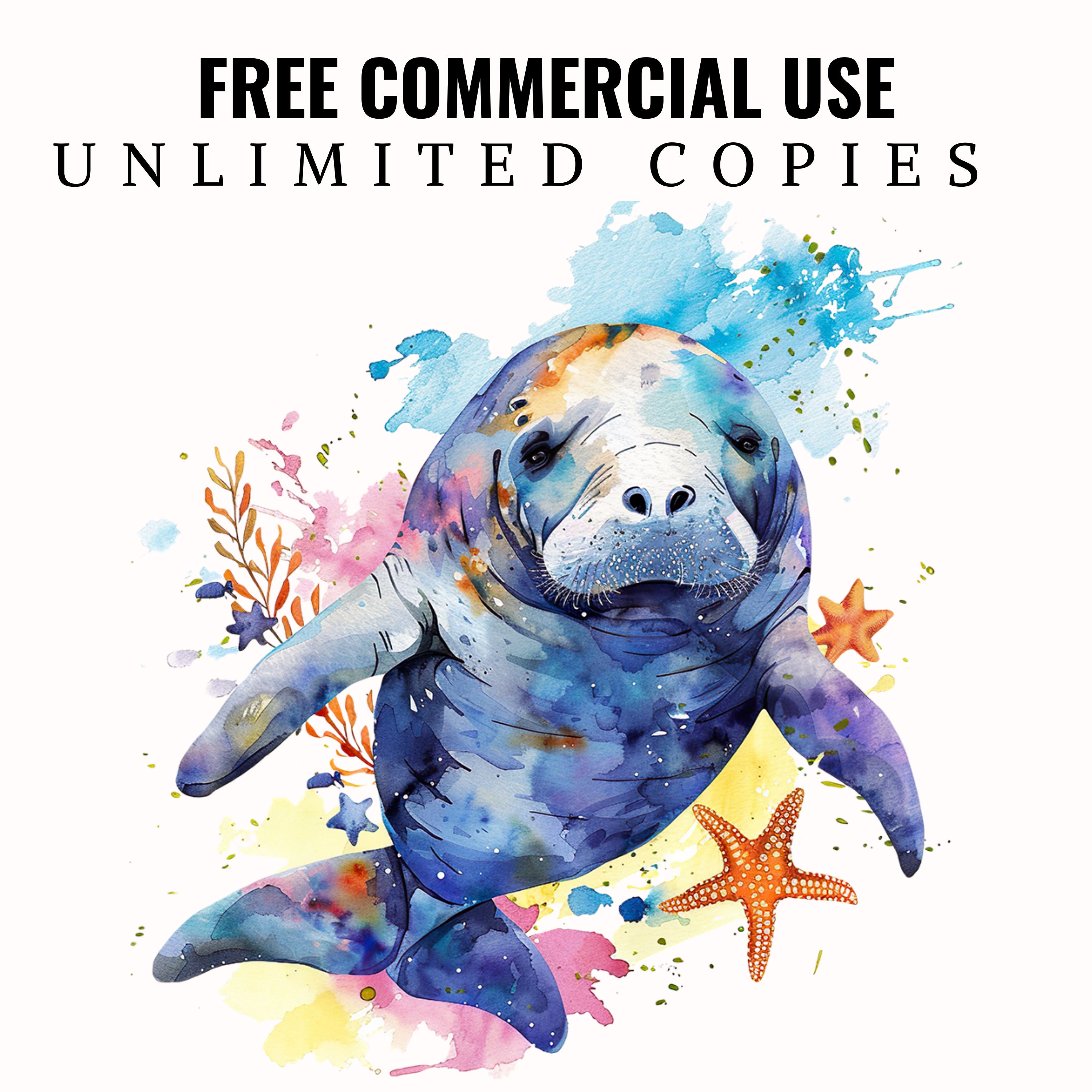 Whimsical Manatee Clip Art, Watercolor Lovely Sea Cow Illustration PNG ...
