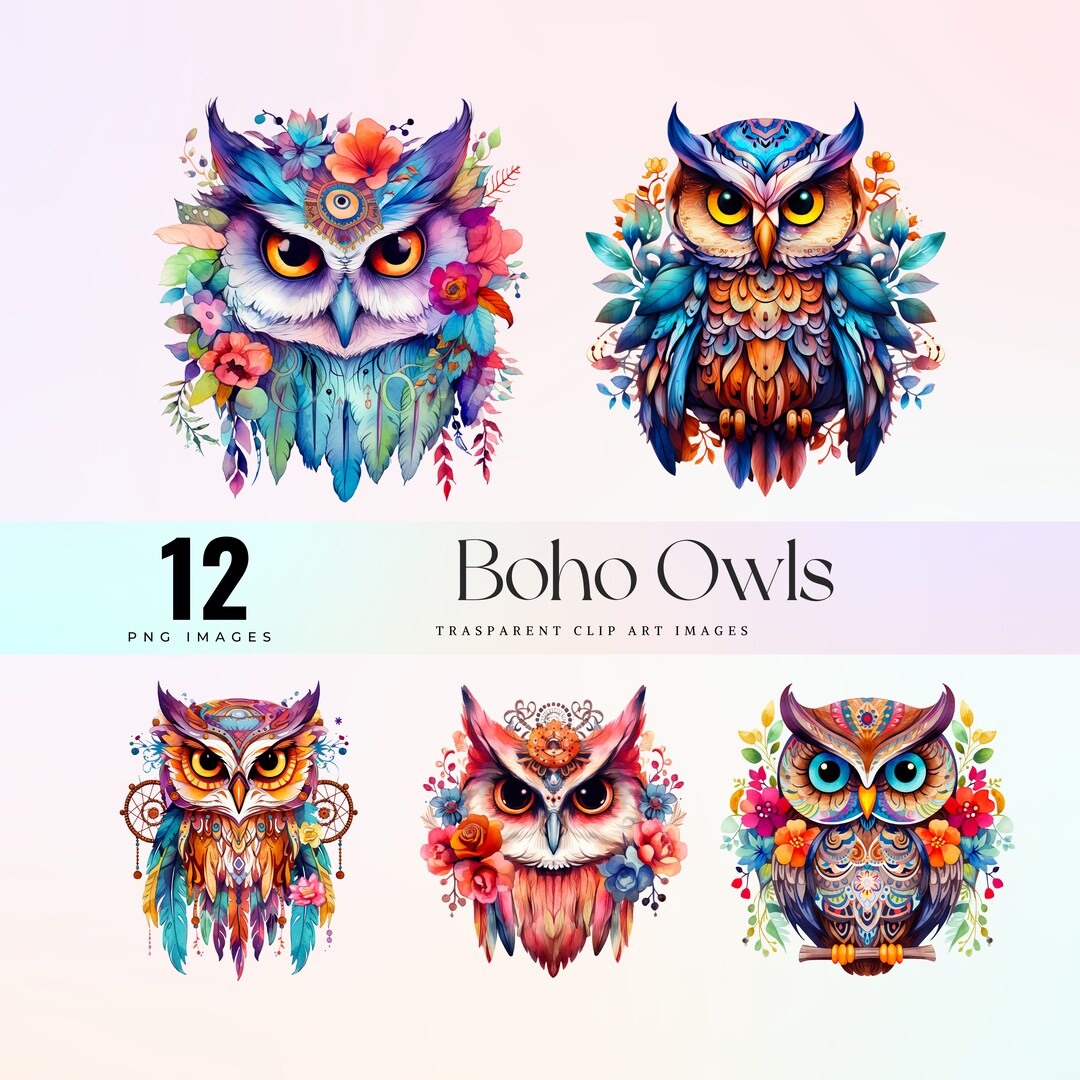 Cute Boho Owl Clip Art, Watercolor Owls and Flowers Illustration PNG ...