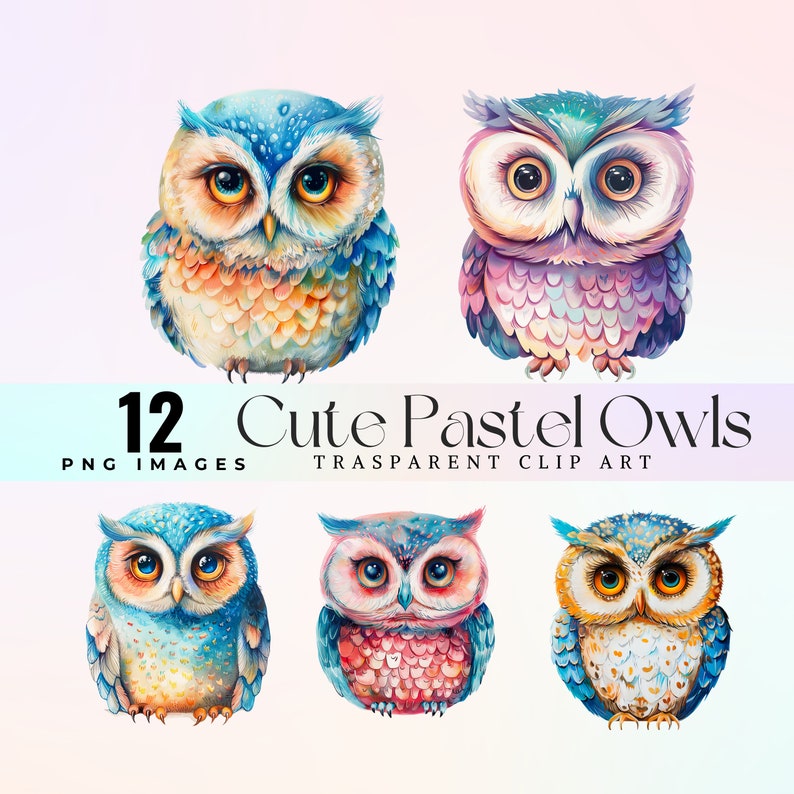 Adorable Pastel Owls Clip Art, Watercolor Lovely Soft Owl Illustration ...