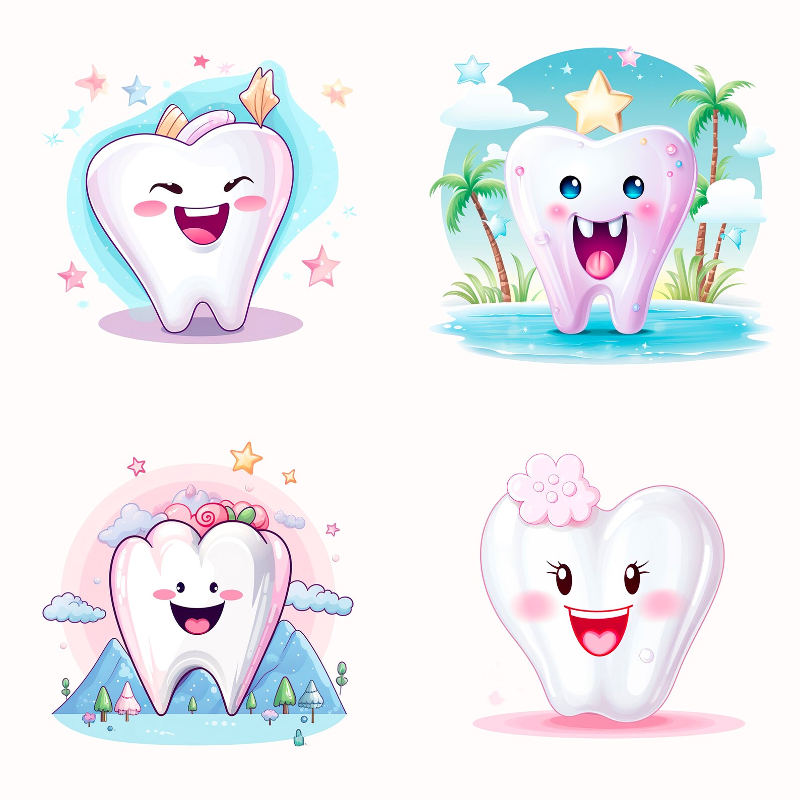 Cute Kawaii Tooth Clip Art, Watercolor Japanese Teeth Kawaii, Cute ...