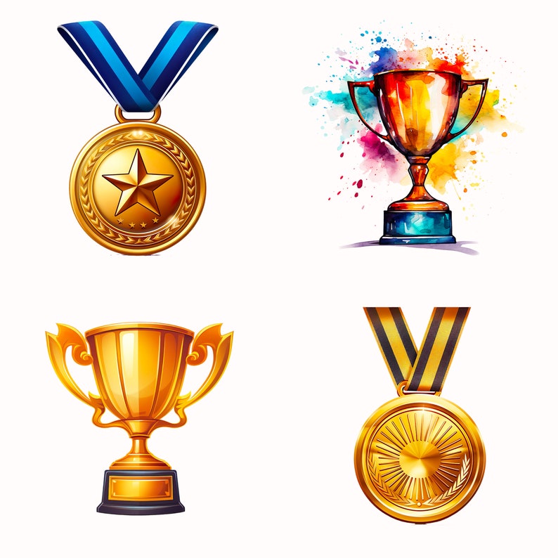 Watercolor Winner Cups and Medals Clipart: Trophy Illustrations (PNG ...
