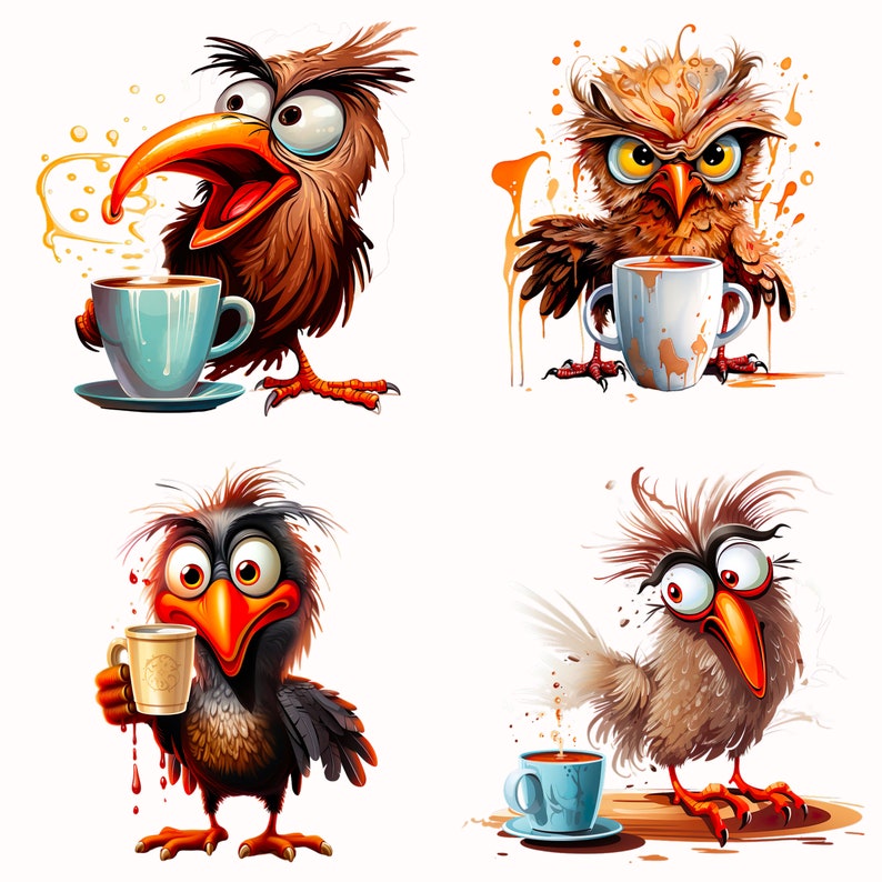 Funny Coffee Birds Watercolor Clipart: Cartoon Owl & Crow PNG (digital ...