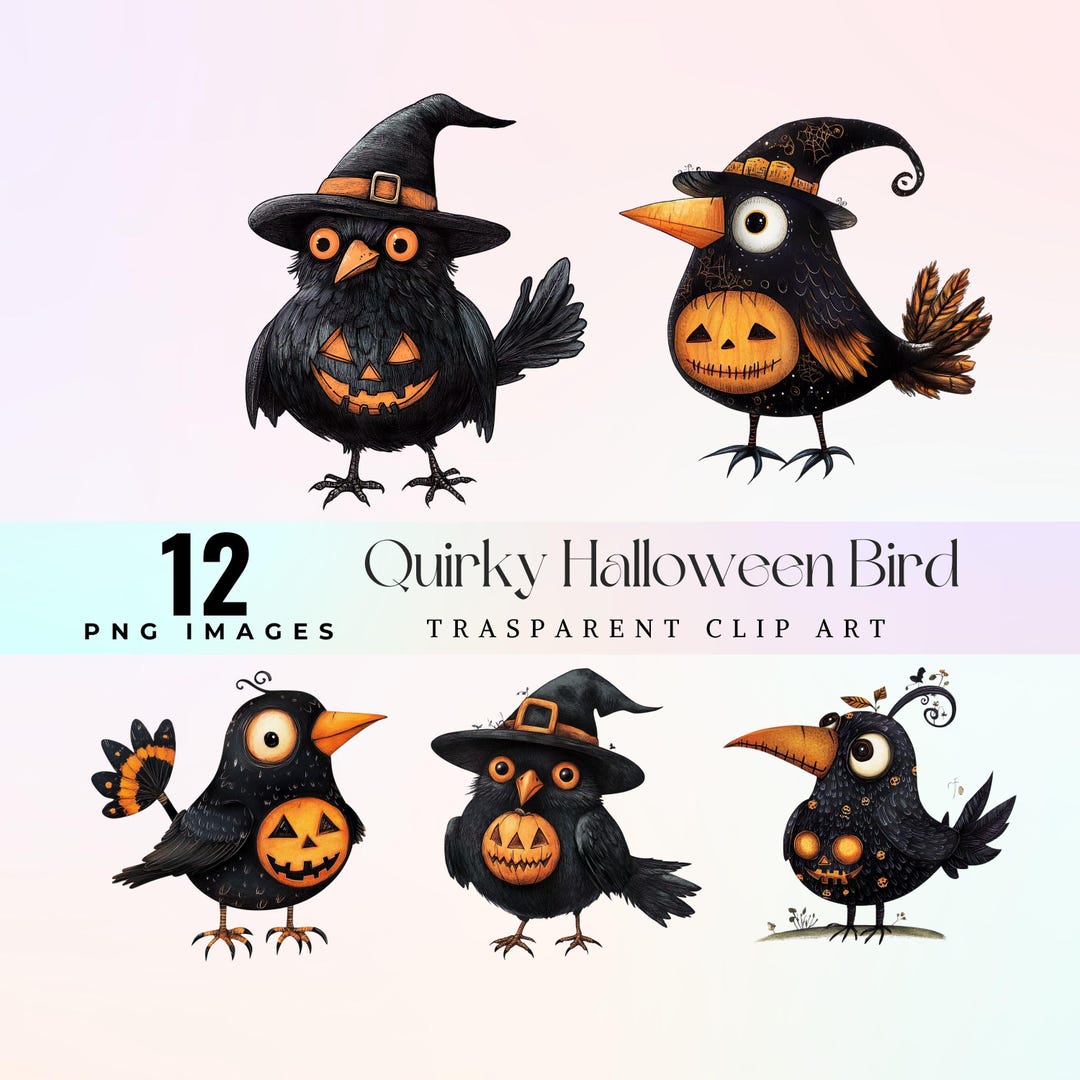 Quirky Halloween Bird Clip Art, Watercolor Funny Spooky Birds ...
