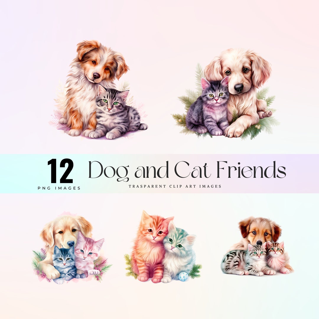 Watercolor Dog and Cat Friends Clip Art: Puppy & Kitten PNG (digital ...