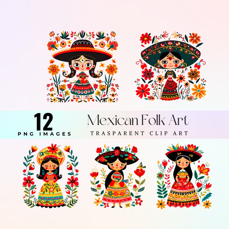 Watercolor Mexican Folk Art Clipart: Funky Cartoon Cuties (PNG) - Etsy