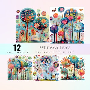 Whimsical Trees Clip Art, Watercolor Enchanted Forest Illustration PNG ...