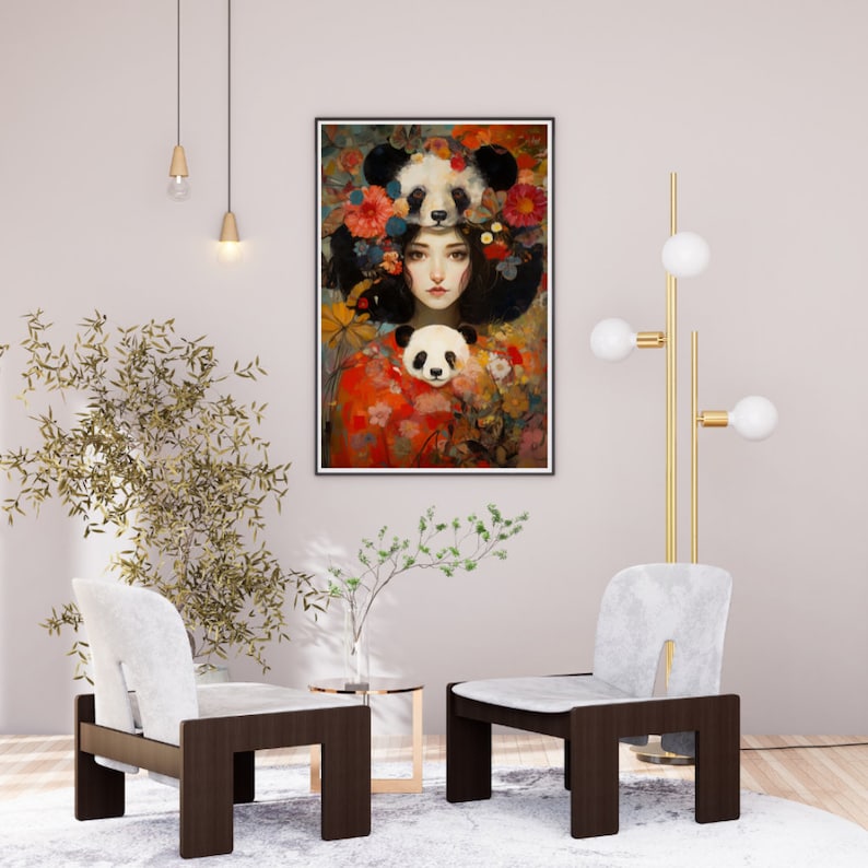 Lady Panda Wall Art Printable, Cute Panda and Woman in Red Modern ...