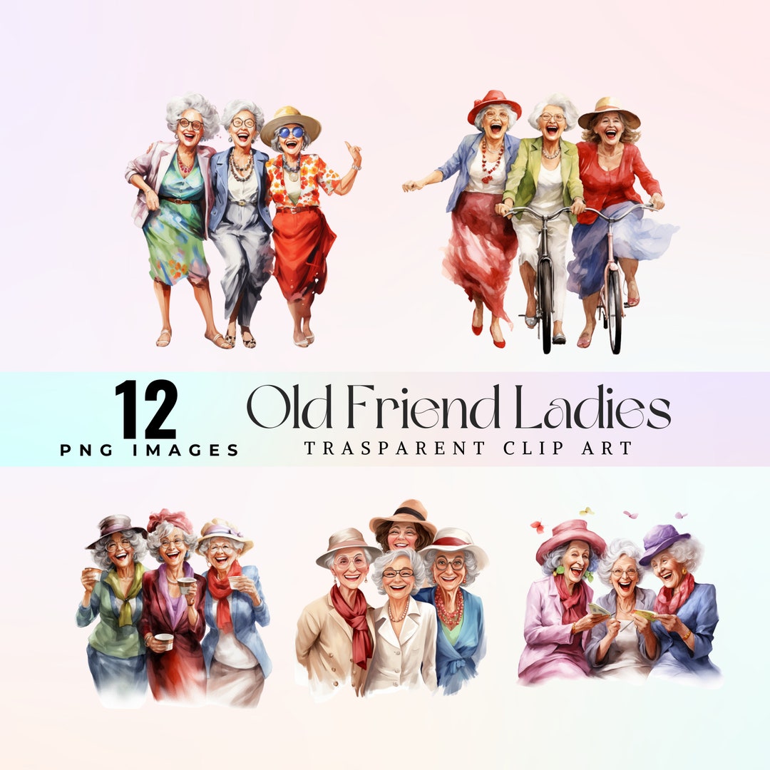 Happy Old Friend Ladies Clip Art, Joyous Older Women Illustration PNG ...
