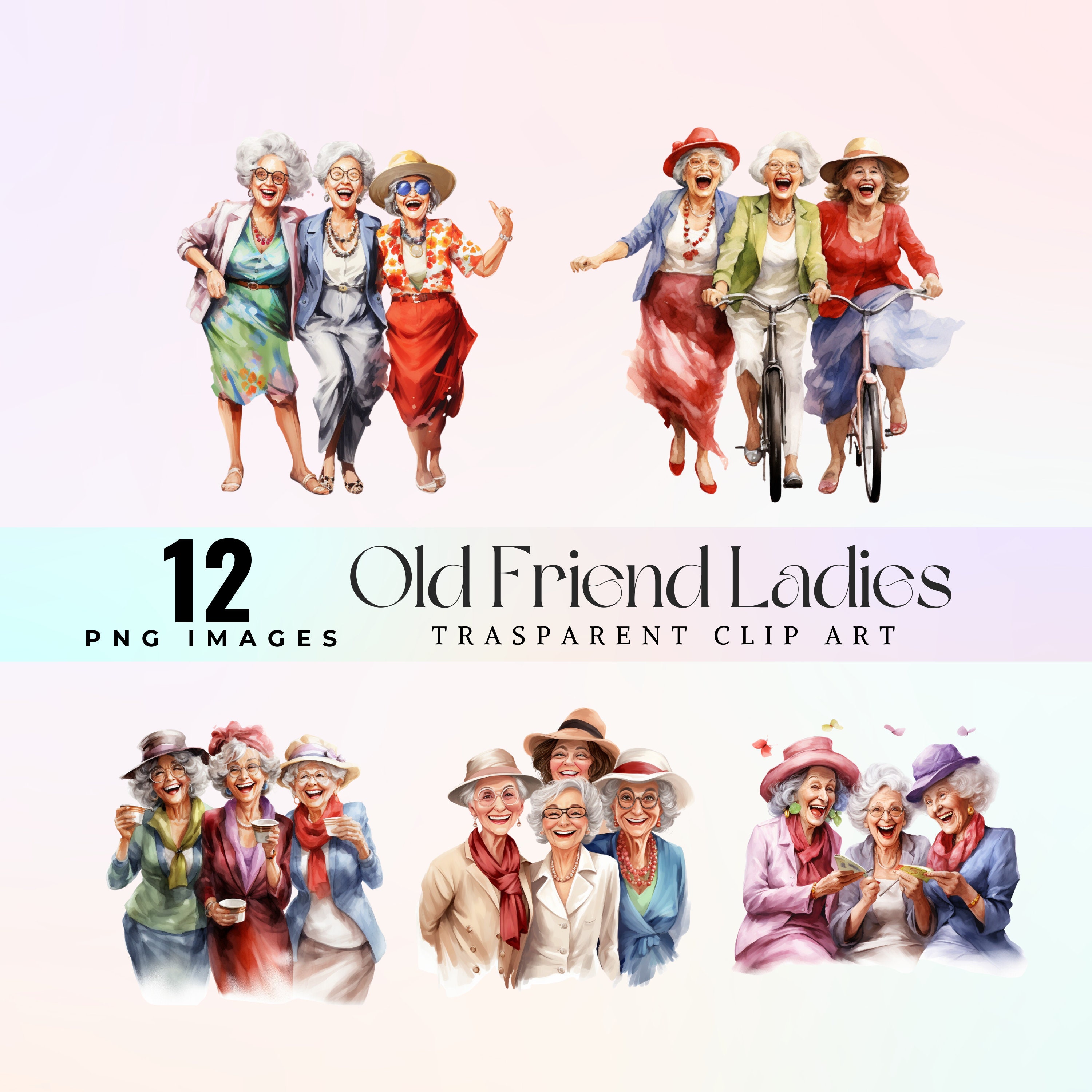 Happy Old Friend Ladies Clip Art, Joyous Older Women Illustration PNG ...