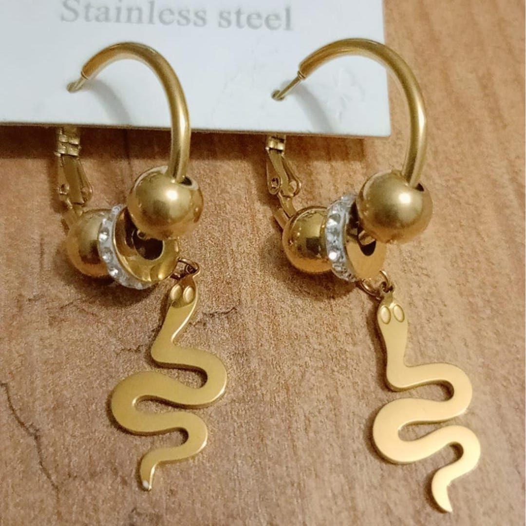 Gold Color Earrings: Triple Tree of Life, 4-leaf Clover, Snake & Flower ...