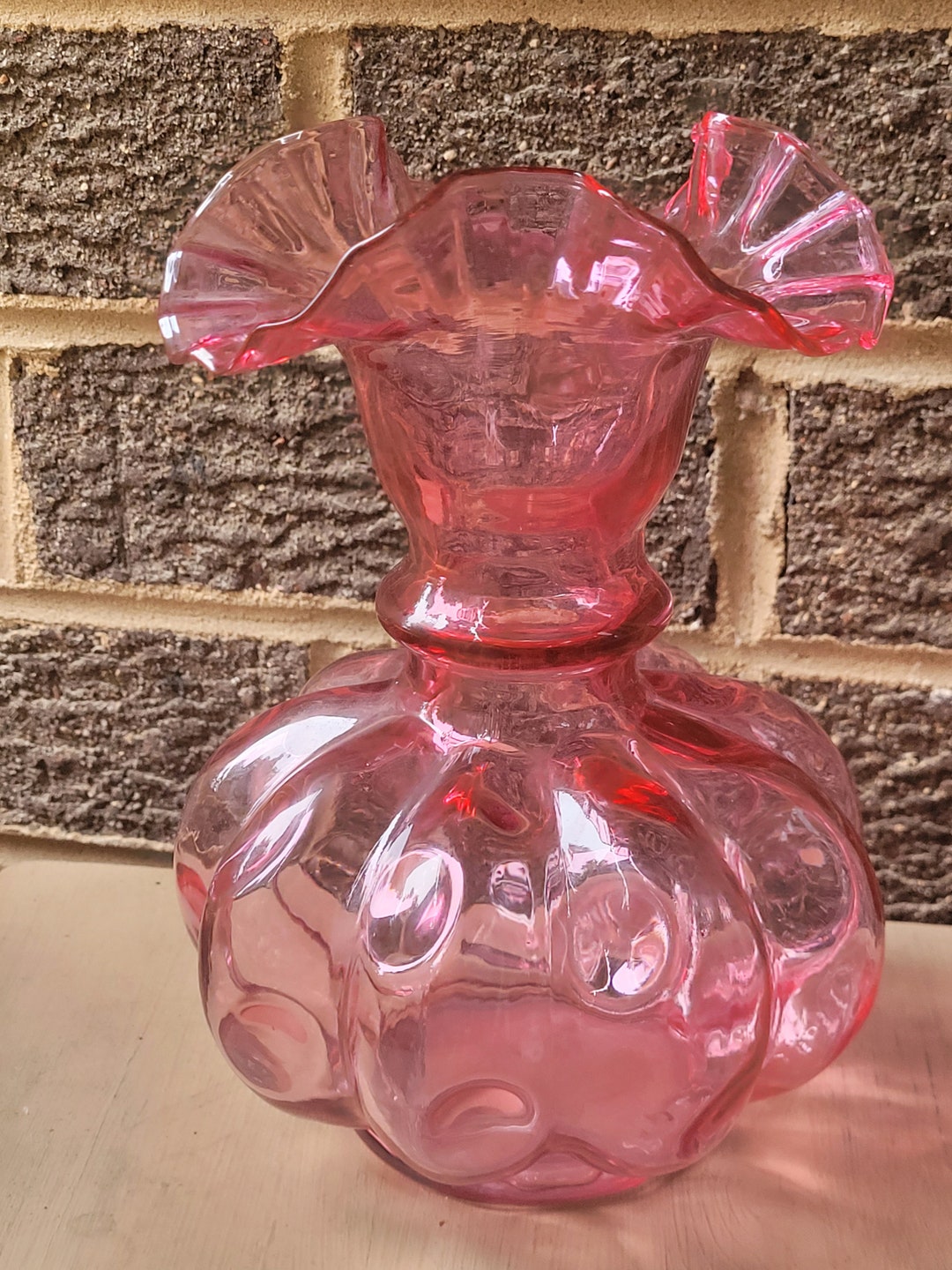 8" Fenton Ruffle Cranberry Glass Vase With Thumbprint Design - Etsy
