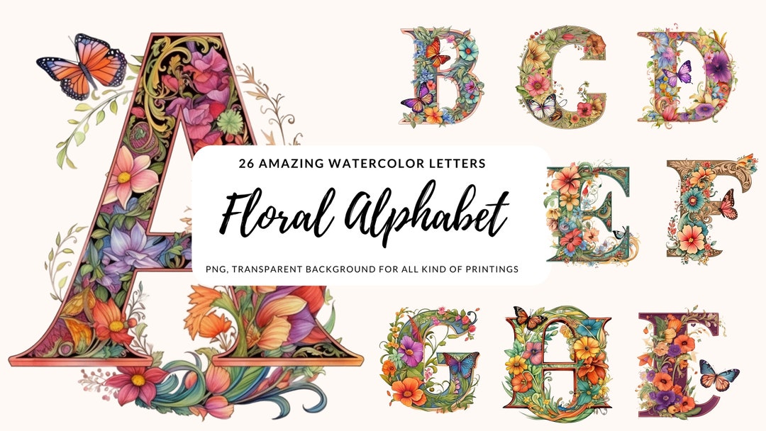 Alphabet Watercolor PNG, 26 Floral Letters Clipart, Digital Printing ...