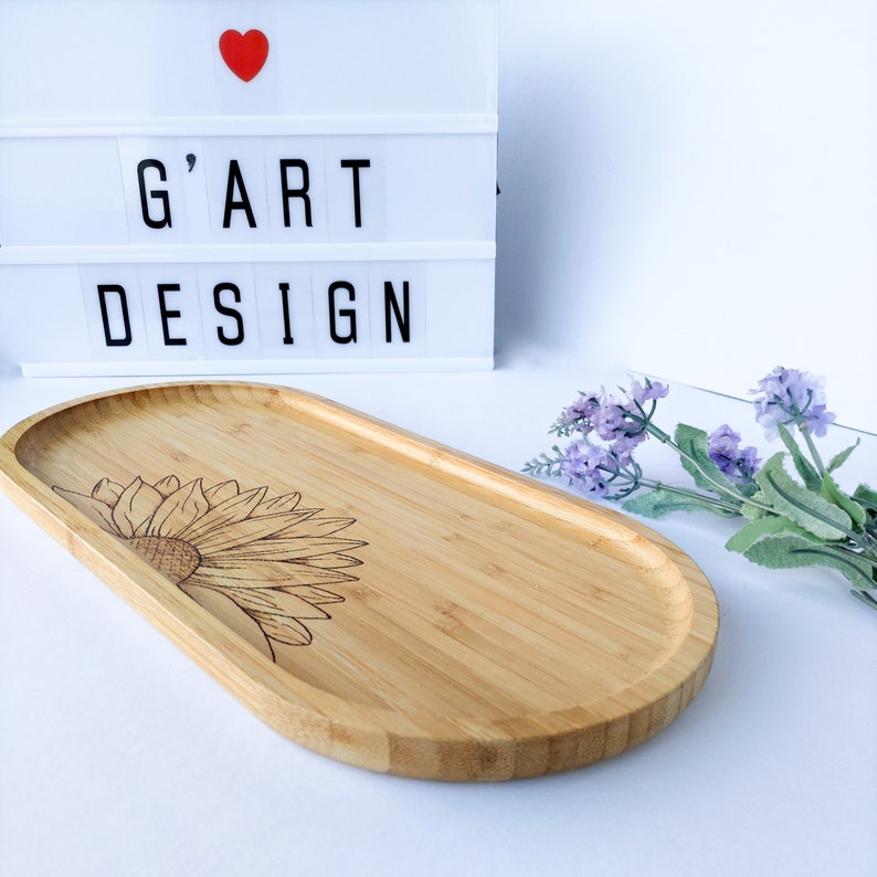 Bamboo Tray Decorated With Wood Burning, Daisy Pattern, Oval Shape ...