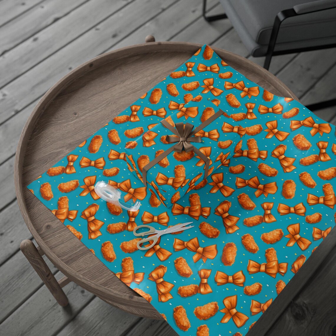 Chicken Nuggets and Bows on a Blue Background Wrap Paper, Coquette ...